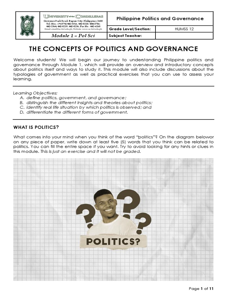 PPG Module 1 - The Concepts of Politics and Governance (Lesson) PDF ...