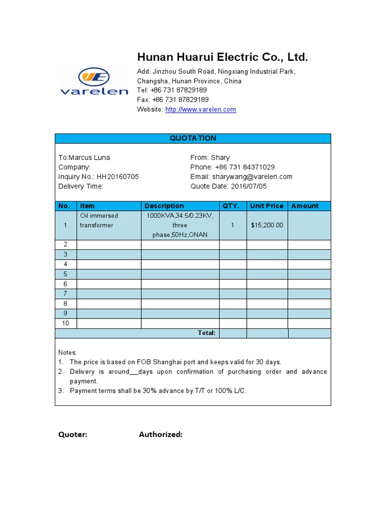 Hunan Huarui Electric Quotation 2016 | PDF