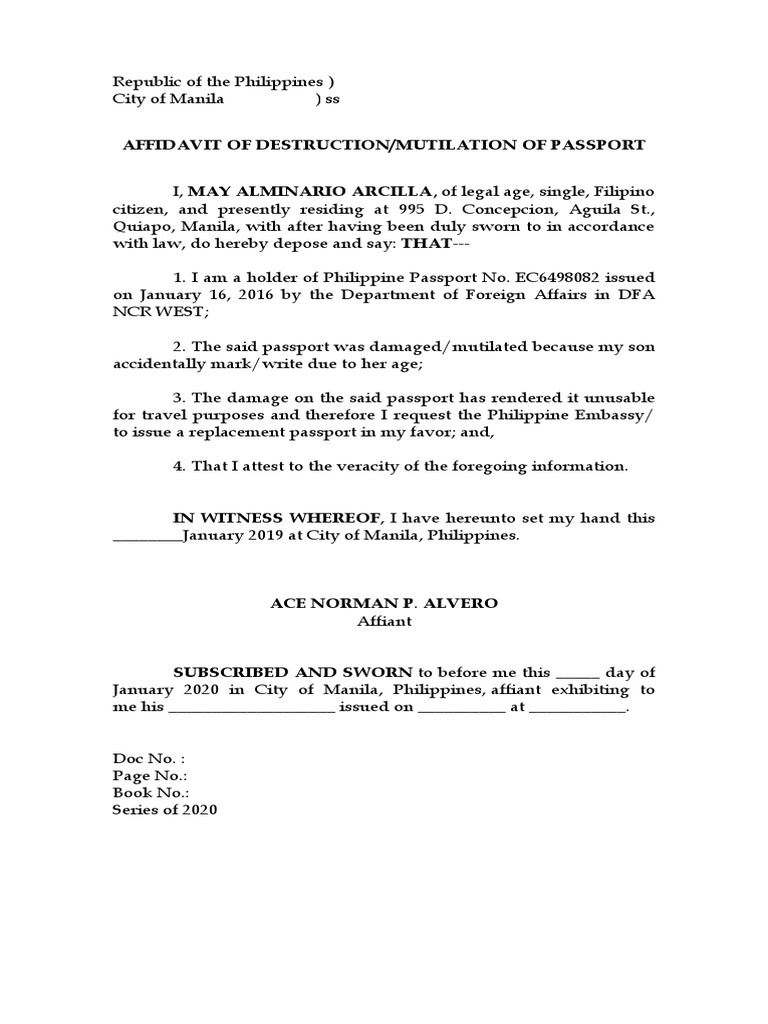 Affidavit of Destruction/Mutilation of Passport | PDF