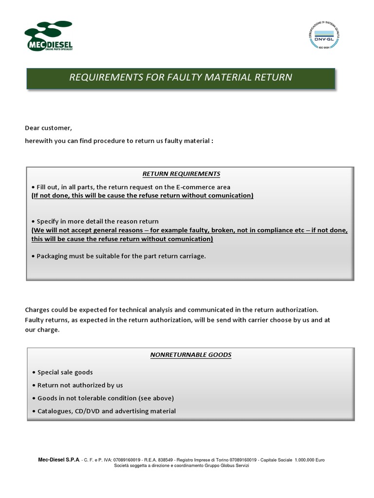 Requirements For Faulty Material Return: (If Not Done, This Will Be ...