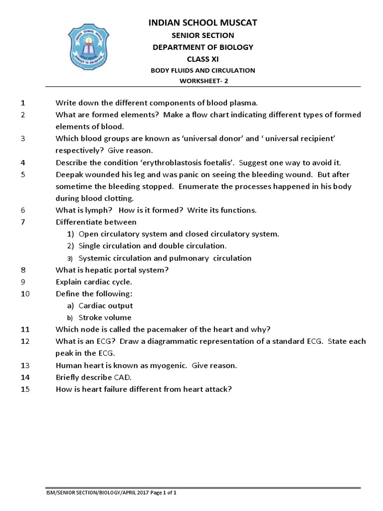 Senior - Class - Xi - Biology - Body Fluids and Circulation - Worksheet ...