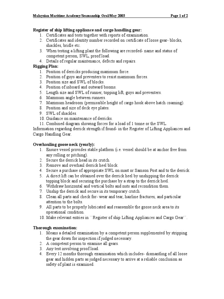 Register of Ship Lifting Appliance and Cargo Handling Gear | PDF ...