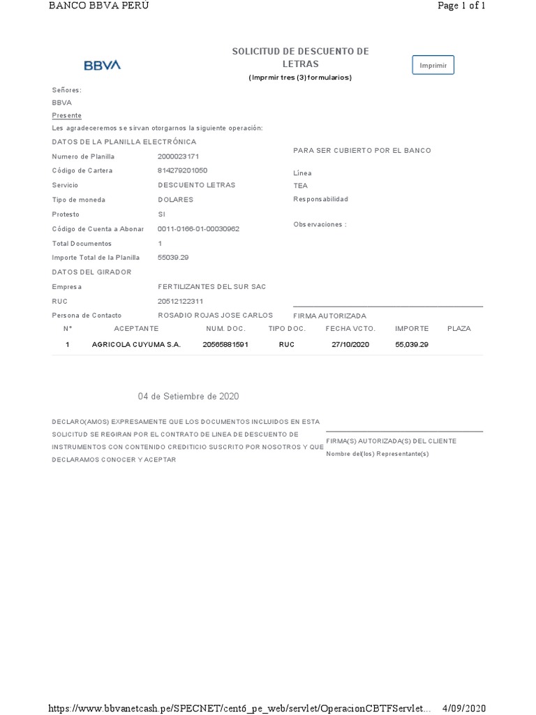 Solicitud de Descuento de Letras BBVA | PDF