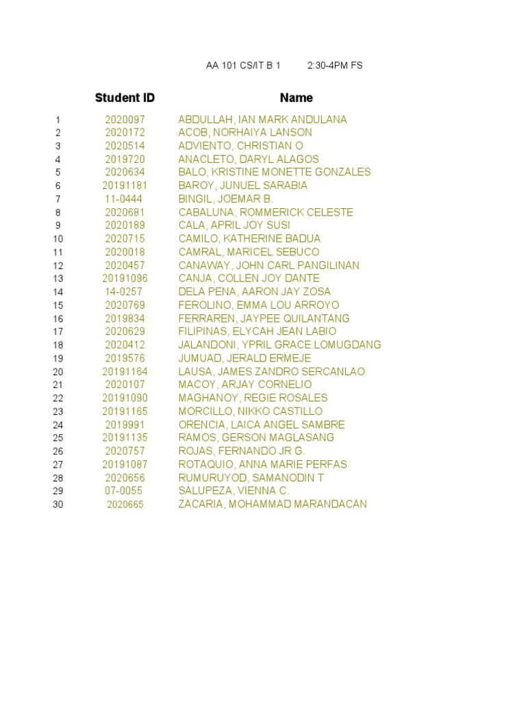 Student ID Name: Aa 101 Cs/It B 1 2:30-4Pm Fs | PDF