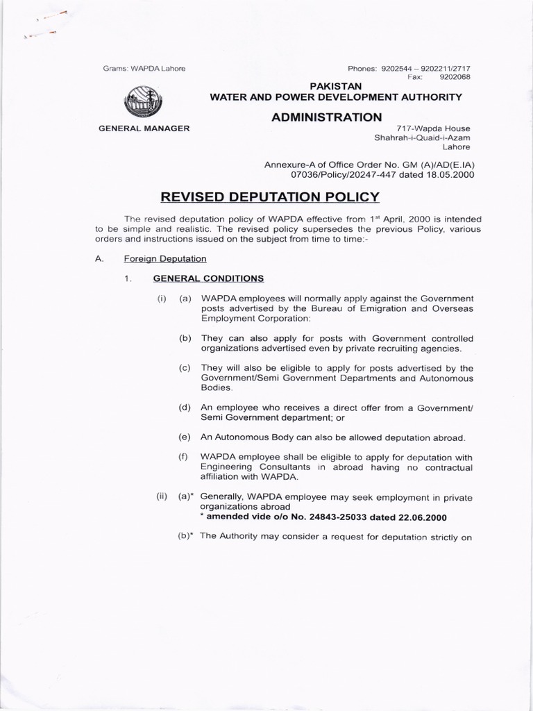 REVISED DEPUTATION POLICY of WAPDA | PDF | Pension | Salary