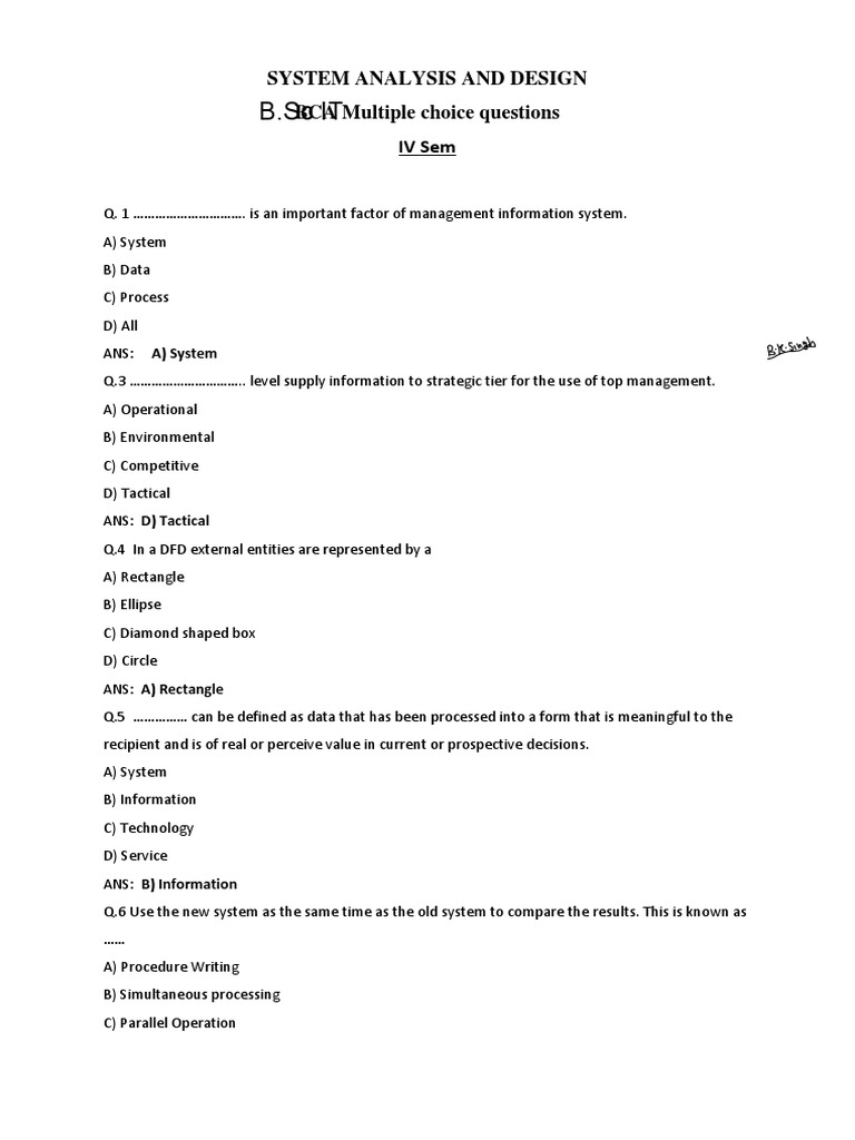 B.SC It: System Analysis and Design BCA Multiple Choice Questions IV ...