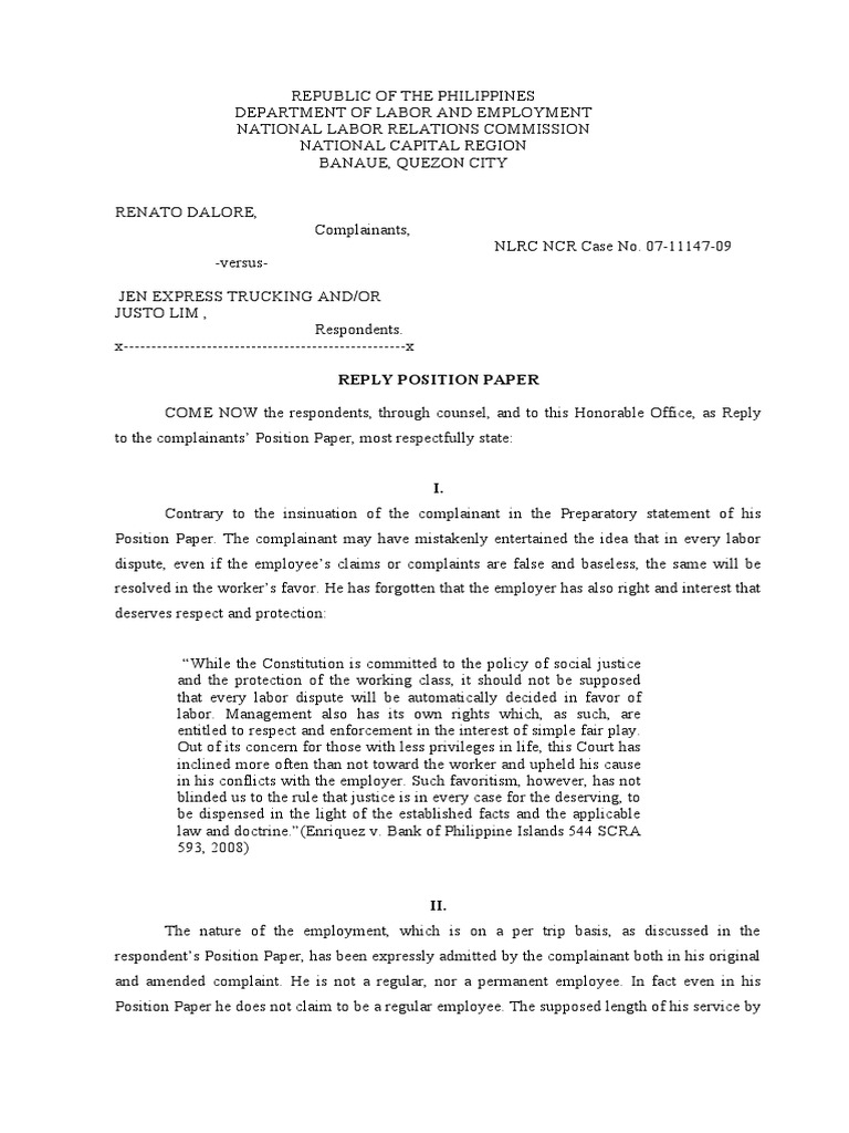Reply Position Paper For Jen Express | PDF | Employment | Labour Law