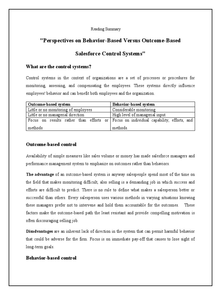 Perspectives On Behavior-Based Versus Outcome-Based Salesforce Control ...