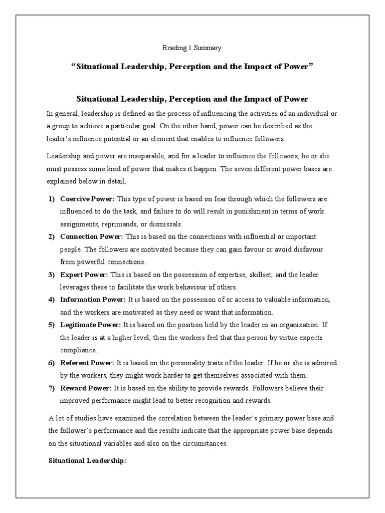 Situational Leadership, Perception and The Impact of Power: Reading 1 ...
