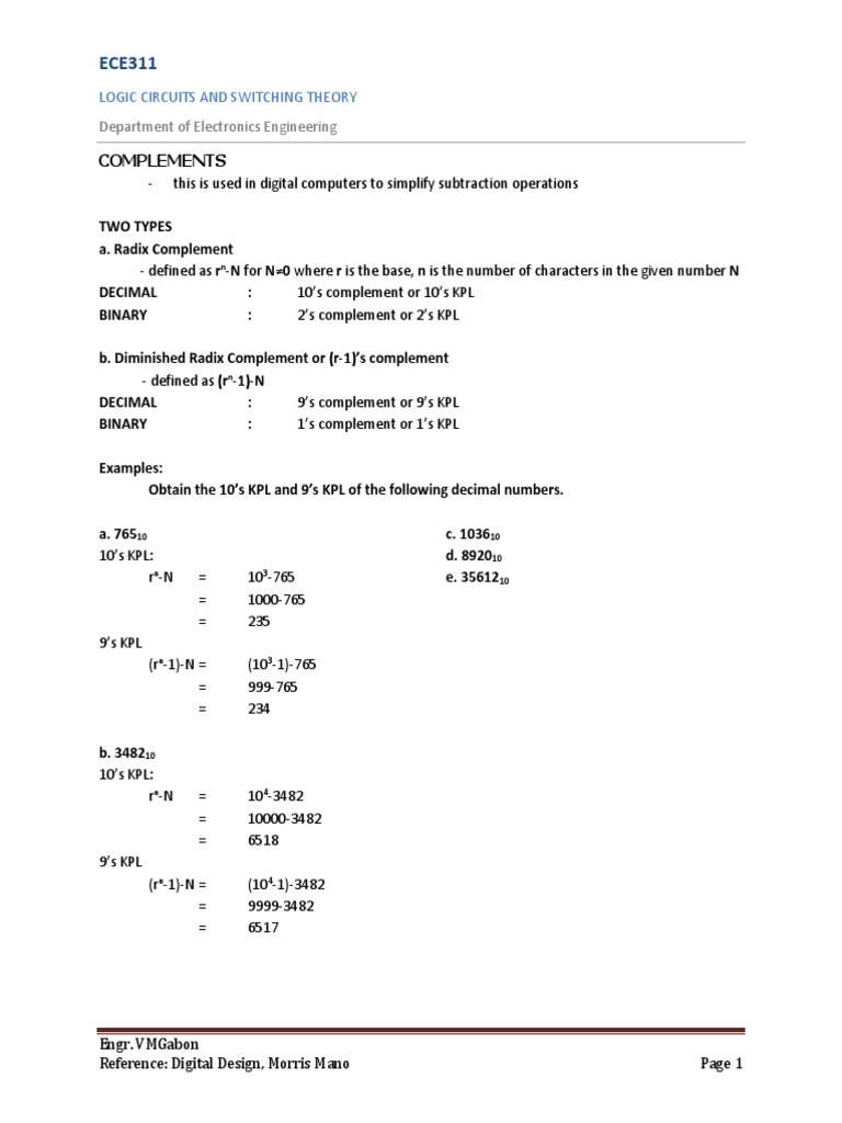Complements: Department of Electronics Engineering | PDF | Binary Coded Decimal | Digital ...