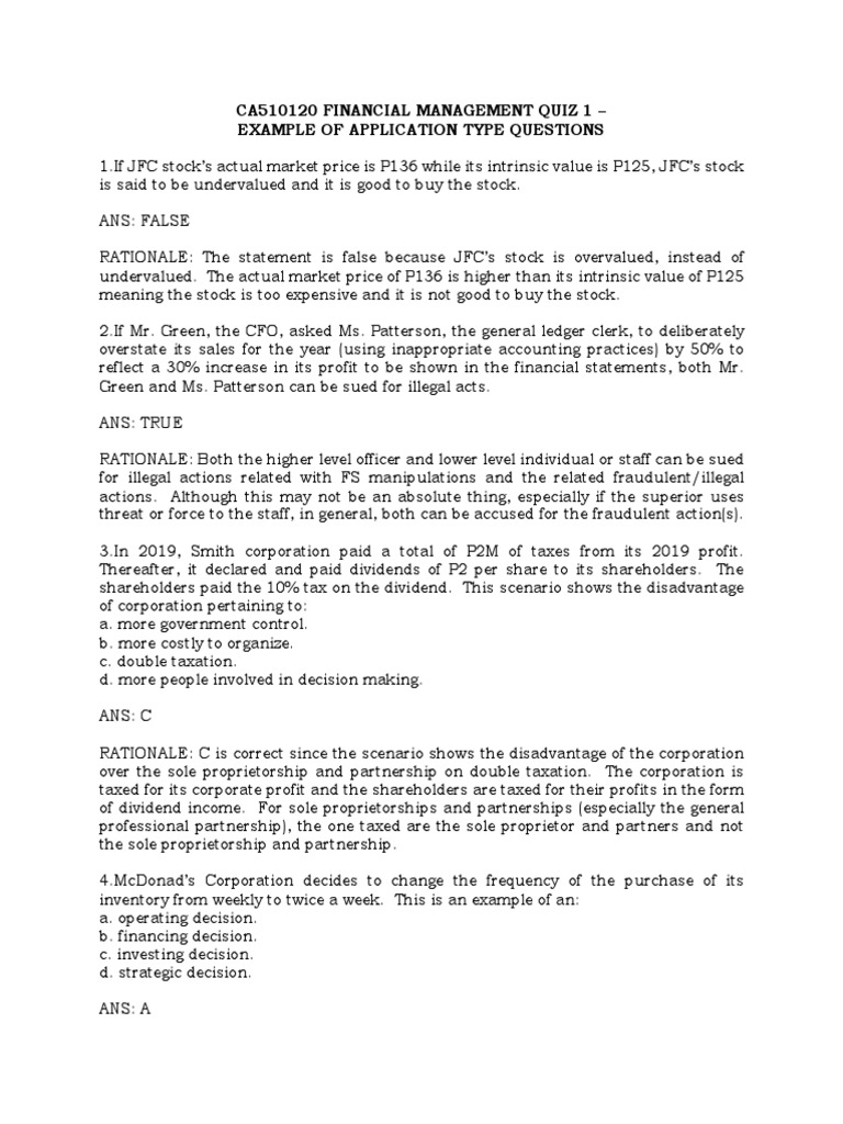 Ca 51012 Fin Man Quiz 1 - Example of Application Type Questions | PDF ...