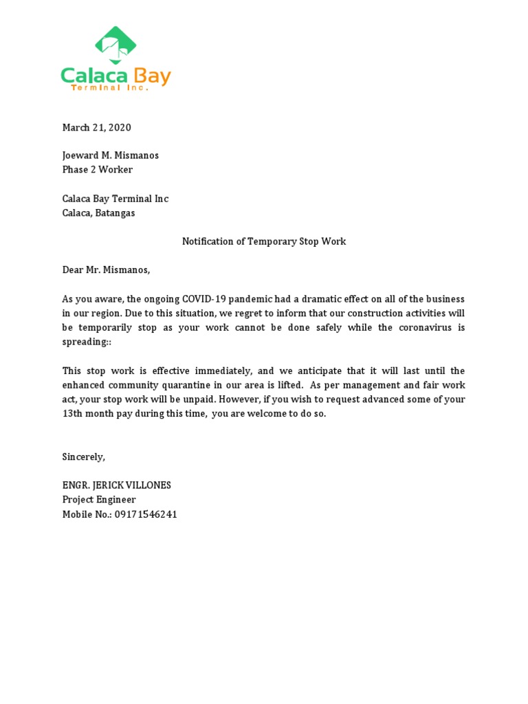 Notification of Temporary Stop Work | PDF
