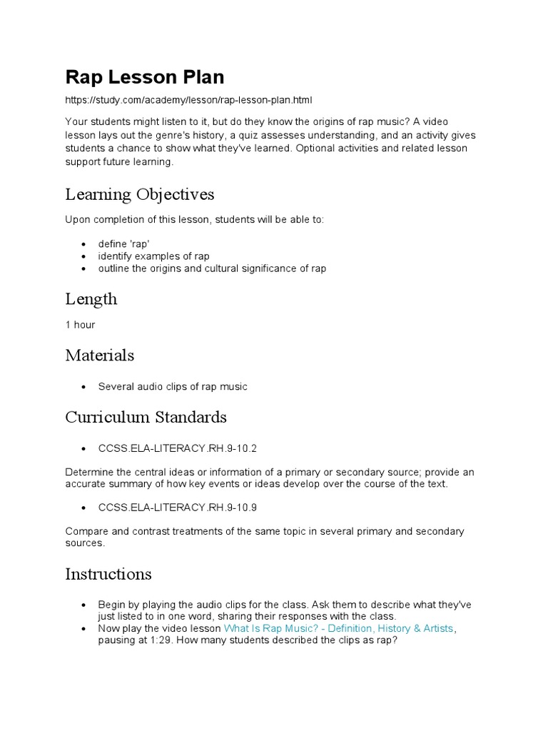 Rap Lesson Plan: Learning Objectives | PDF | Hip Hop Music | Lesson Plan