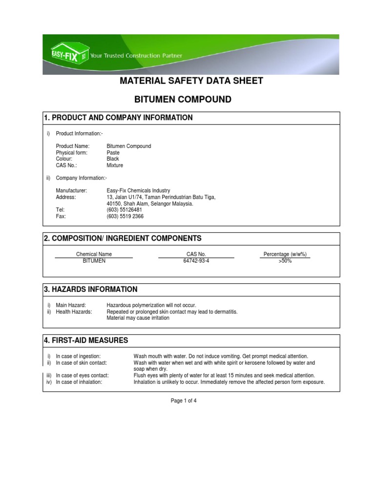 Bitumen Compound (MSDS) | PDF | Solvent | Incineration