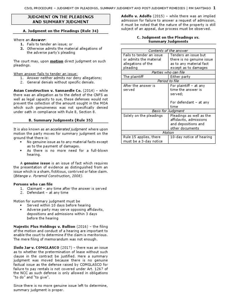 Judgment on Pleadings & Summary Judgment | PDF | Summary Judgment ...