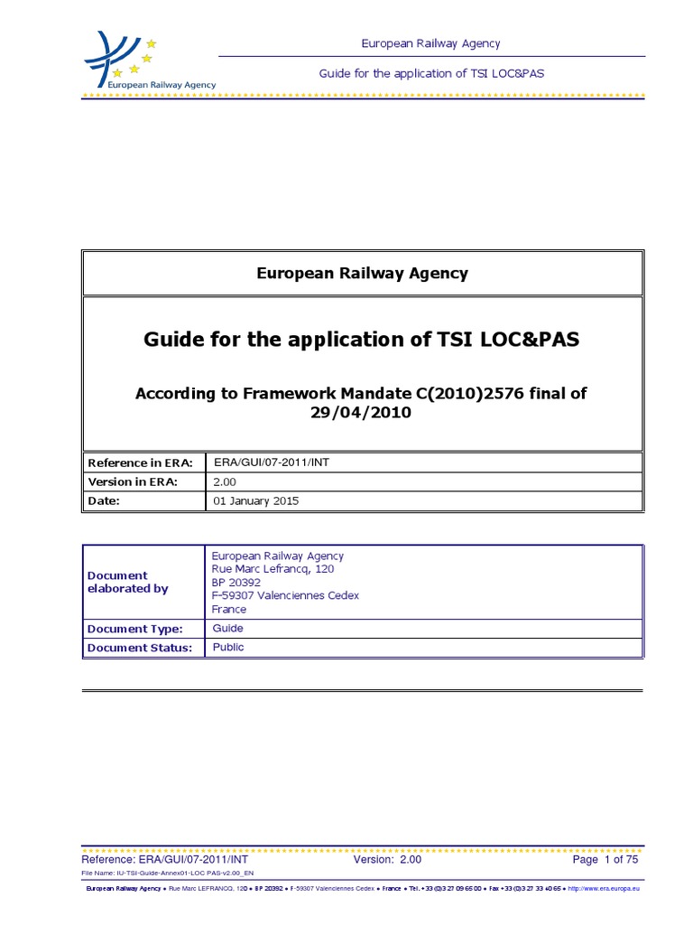 Guide For The Application of TSI LOC&PAS: European Railway Agency | PDF ...