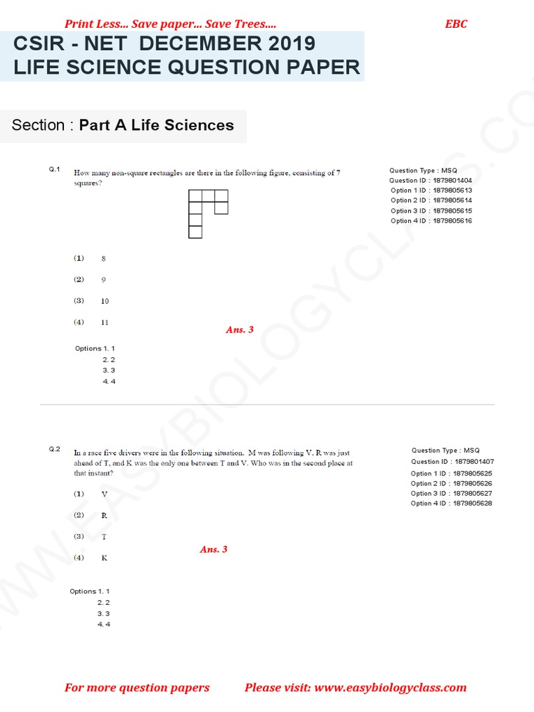 CSIR NET Life Sciences December 2019 Solved Question Paper PDF | PDF