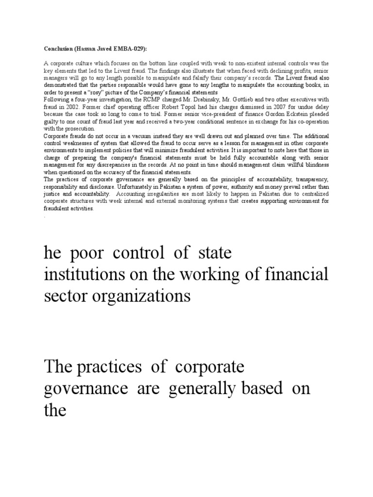 He Poor Control of State Institutions On The Working of Financial ...