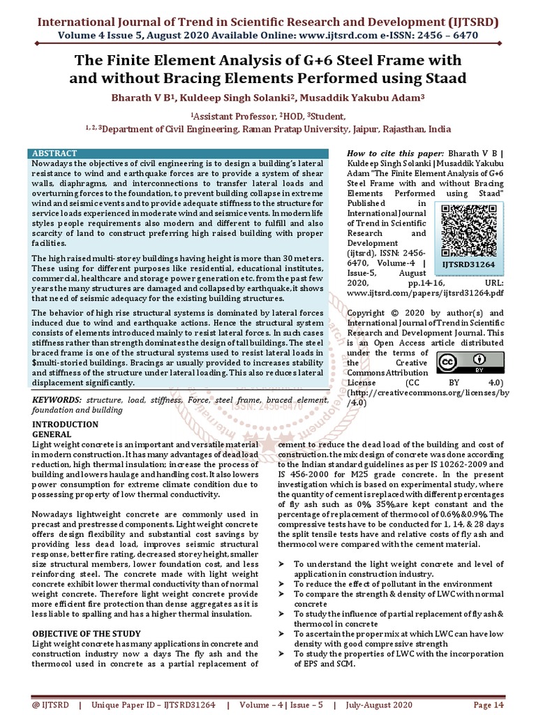 The Finite Element Analysis of G 6 Steel Frame With and Without Bracing ...