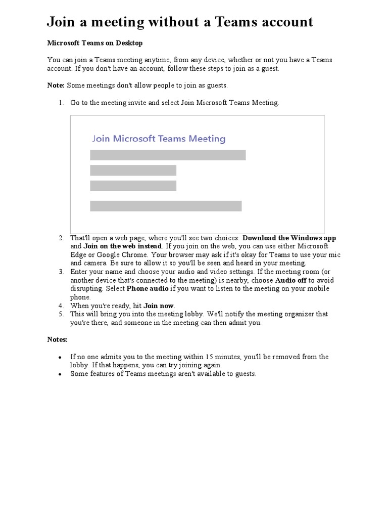 Join A Meeting Without A Teams Account | PDF