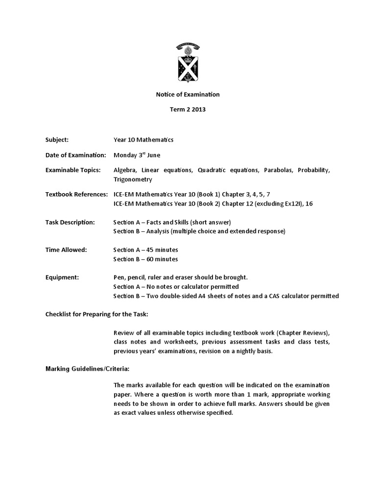 Notice of Examination Term 2 2013: Marking Guidelines/Criteria | PDF