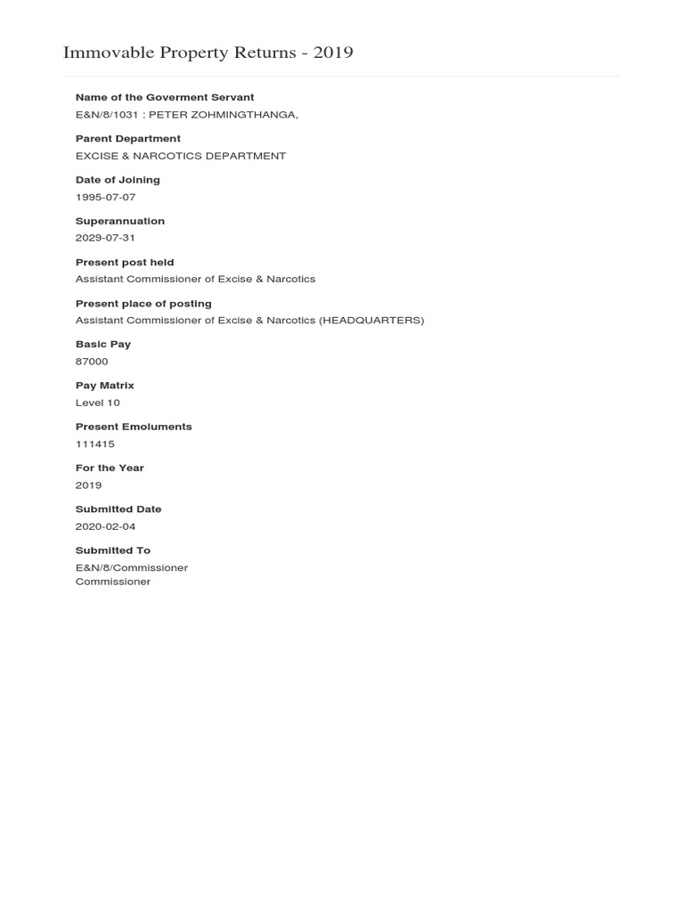 Immovable Property Returns - 2019: Name of The Goverment Servant | PDF