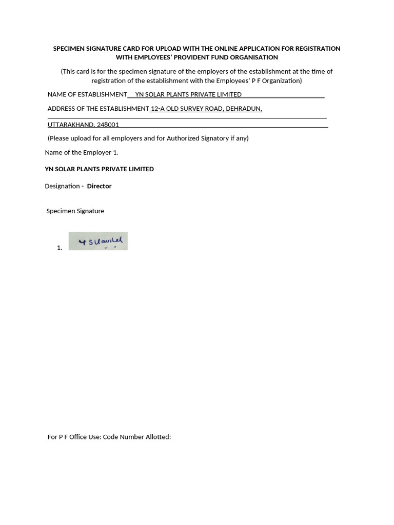 EPFO Specimen Signature Card Template | PDF