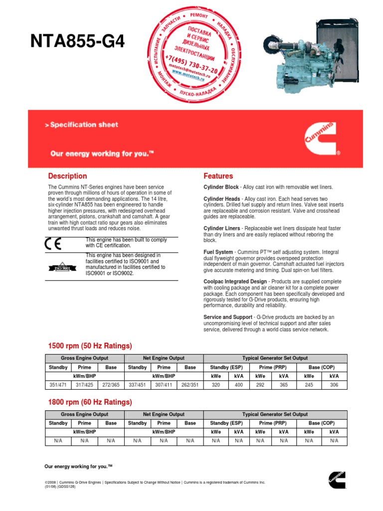 Dvigatel Cummins Nta855 g4 | Download Free PDF | Engines | Horsepower