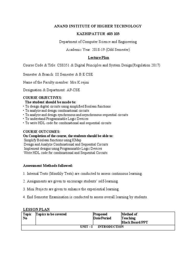 CS8351 DPSD Reg 2017 Lesson Plan | PDF | Logic Gate | Electronic Circuits