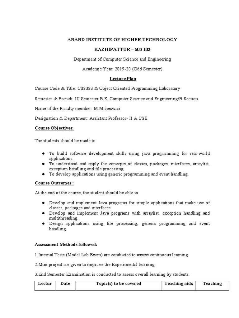 Cs8383 Oops Lab Lesson Plan B Section Odd Sem 20 21 Pdf Class Computer Programming
