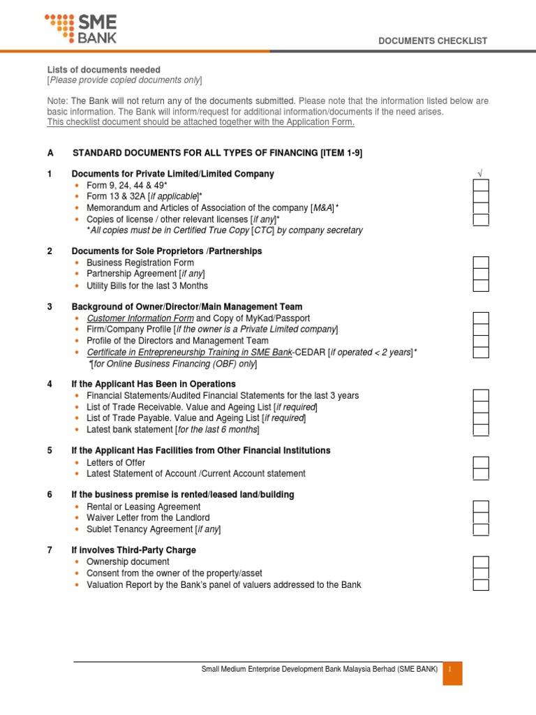 SME Bank - Document Checklist - English | PDF | Lease | Mergers And ...