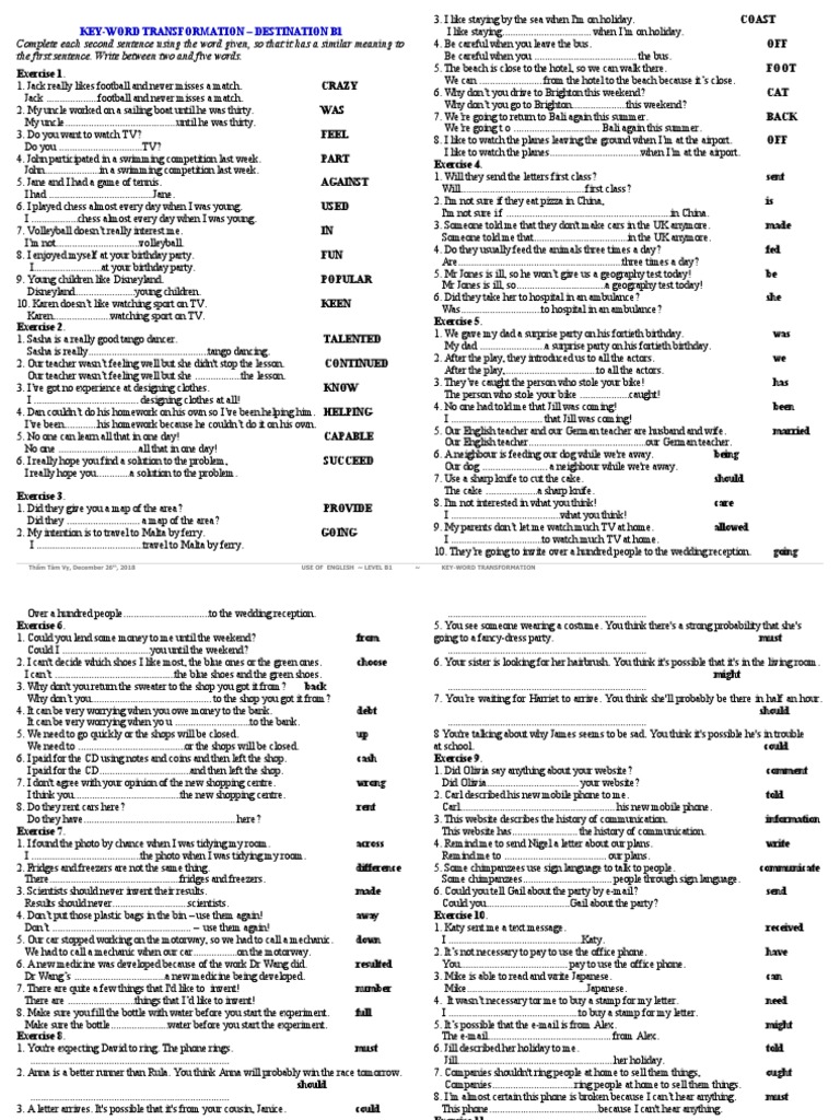 Key-Word Transformation - Destination B1 | PDF | Sports & Recreation