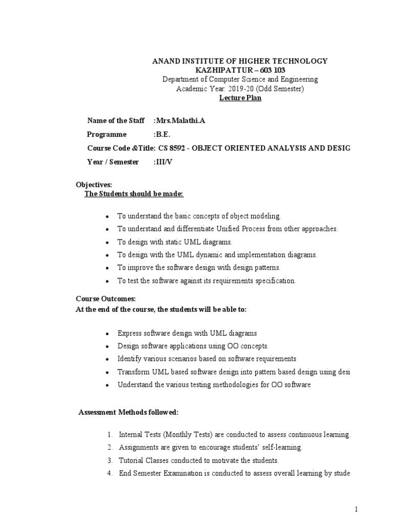 CS8592 Ooad Lesson Plan | Download Free PDF | Unified Modeling Language | Use Case