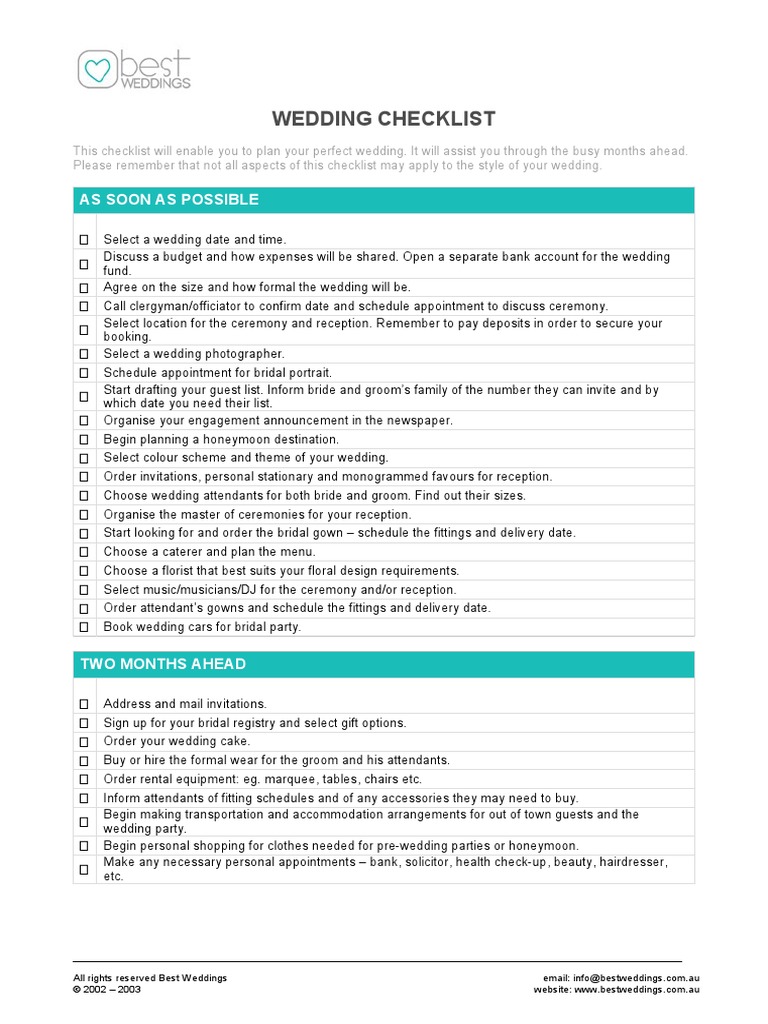 Editable Wedding Checklist Template | PDF | Wedding | Marriage