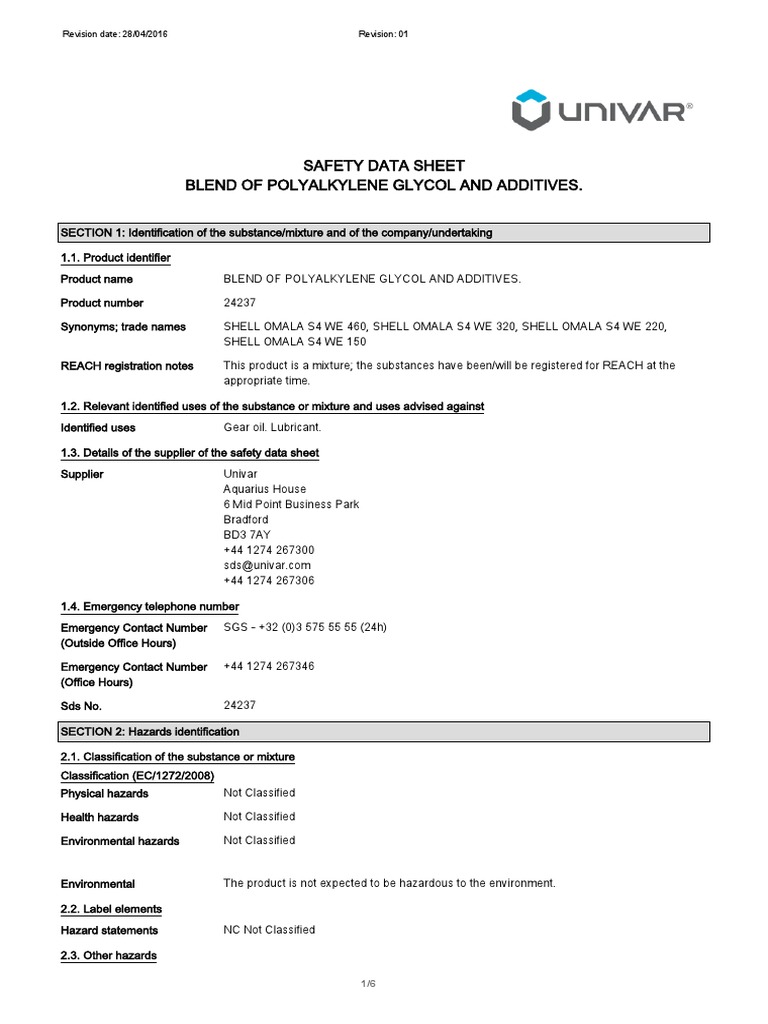 Safety Data Sheet Blend of Polyalkylene Glycol and Additives | PDF ...
