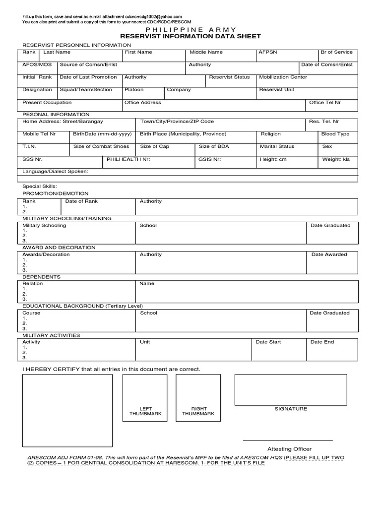 Reservist Information Data Sheet: Philippine Army | PDF | Military ...