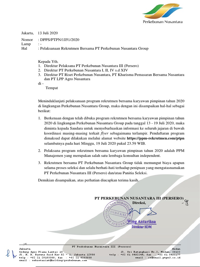Surat Pelaksanaan Rekrutmen Bersama PT Perkebunan Nusantara Group Fic | PDF