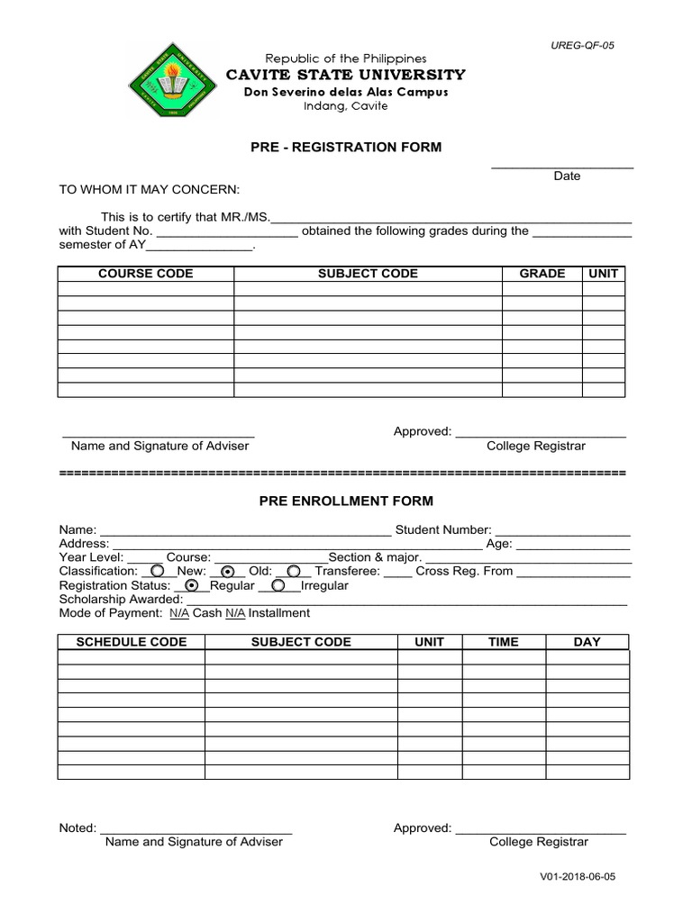 Fillable Pre-Registration Form Cvsu | PDF