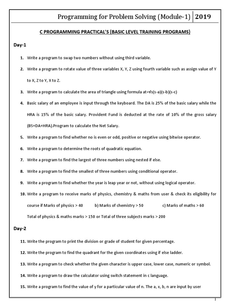 C Programming Practicals Basic Level Training Programs Pdf String Computer Science