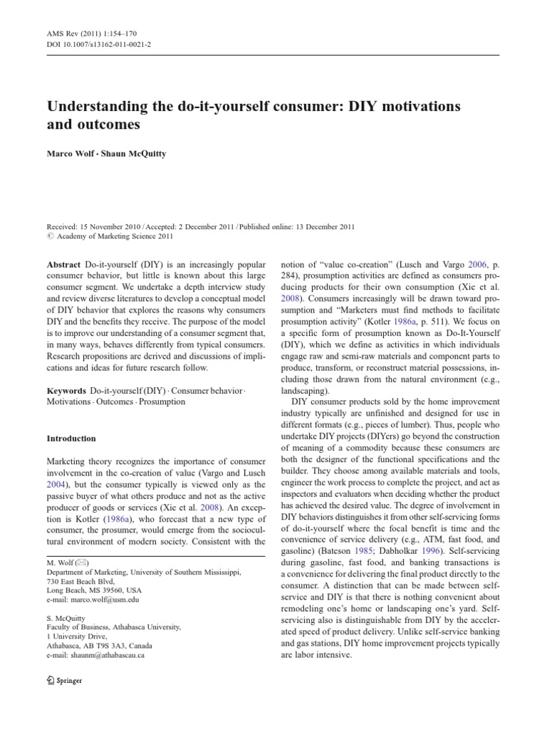 Understanding The Do-It-Yourself Consumer: DIY Motivations and Outcomes ...