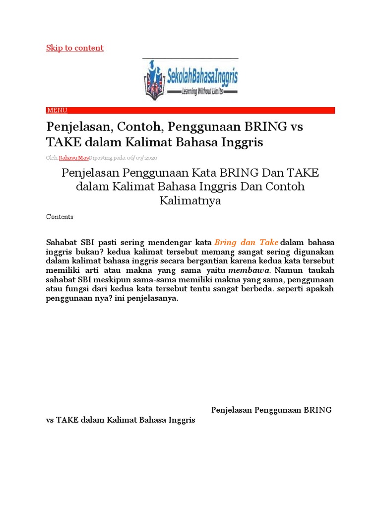 Penjelasan, Contoh, Penggunaan BRING Vs TAKE Dalam Kalimat Bahasa ...