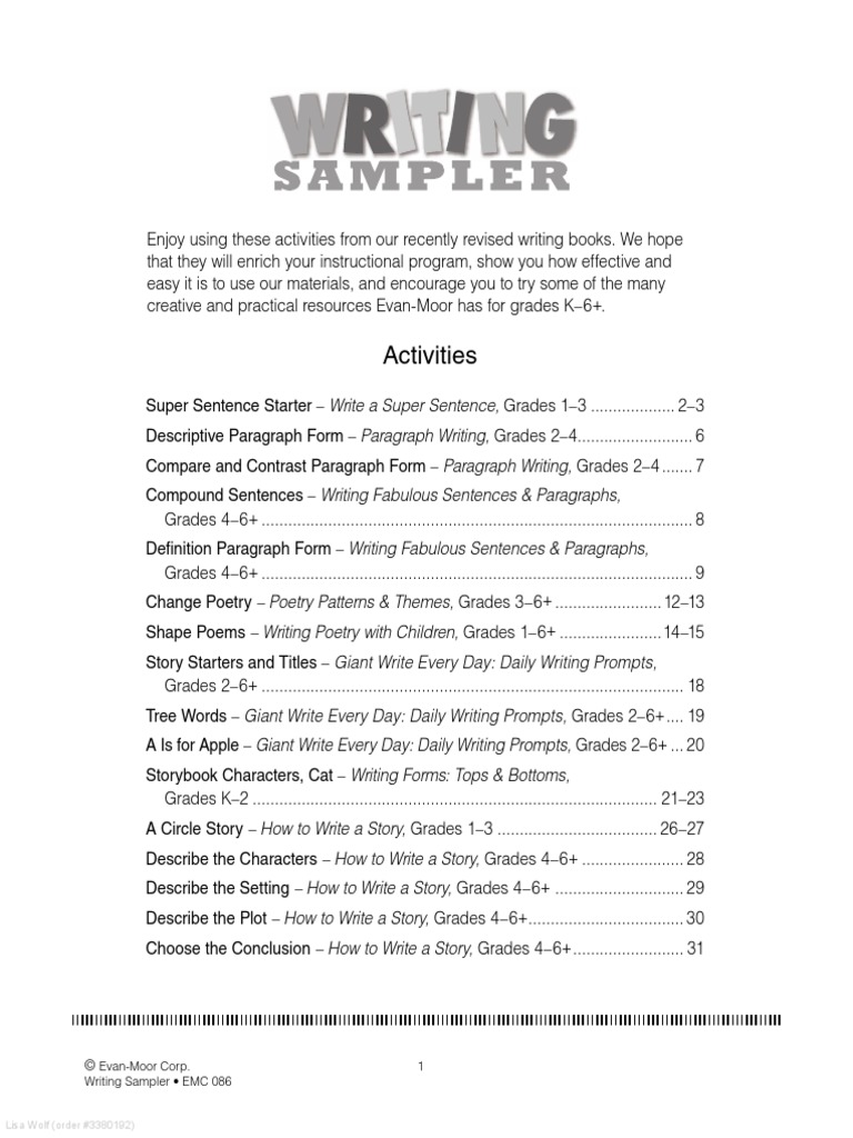 Activities: Evan-Moor Corp. 1 Writing Sampler - EMC 086 | PDF ...