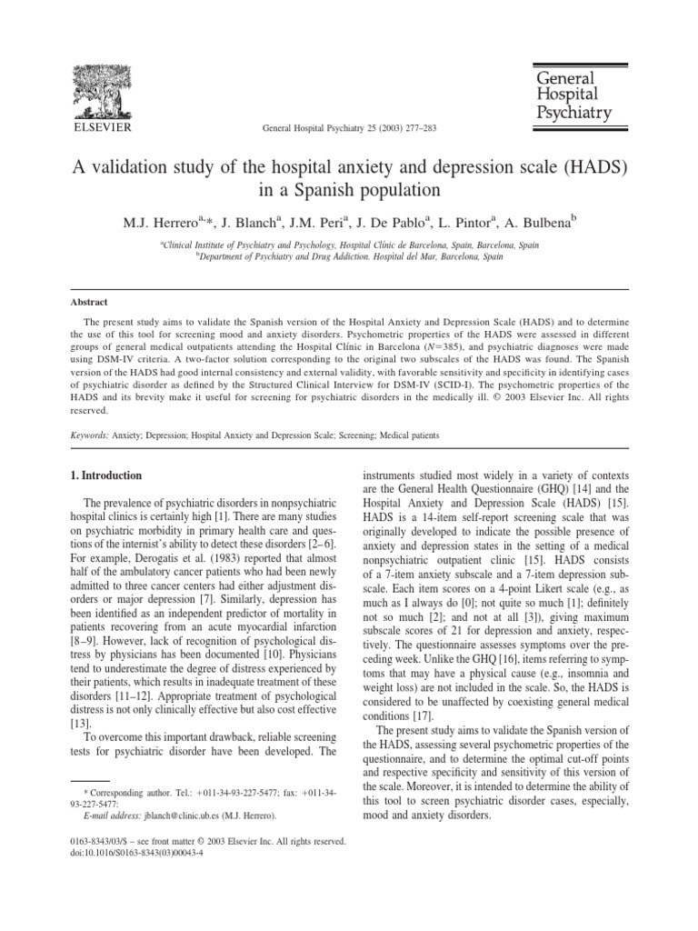 2003 - A Validation Study of The Hospital Anxiety and Depression Scale ...
