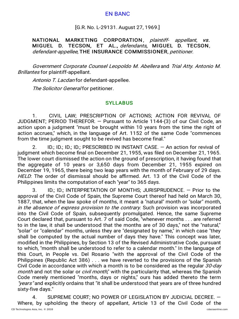 NAMARCO v. Tecson, 29 SCRA 70 (1969) | PDF | Statute Of Limitations ...