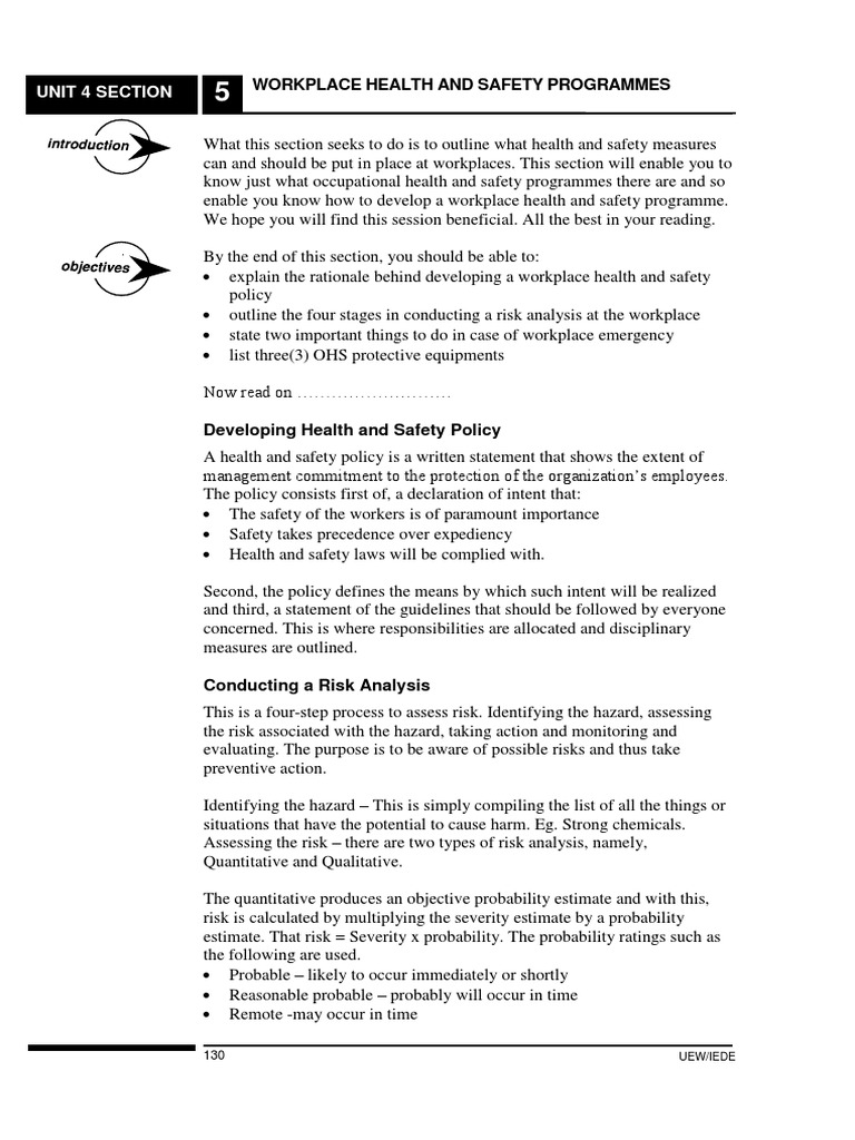 Workplace Health and Safety Programmes: Unit 4 Section | PDF | Personal ...