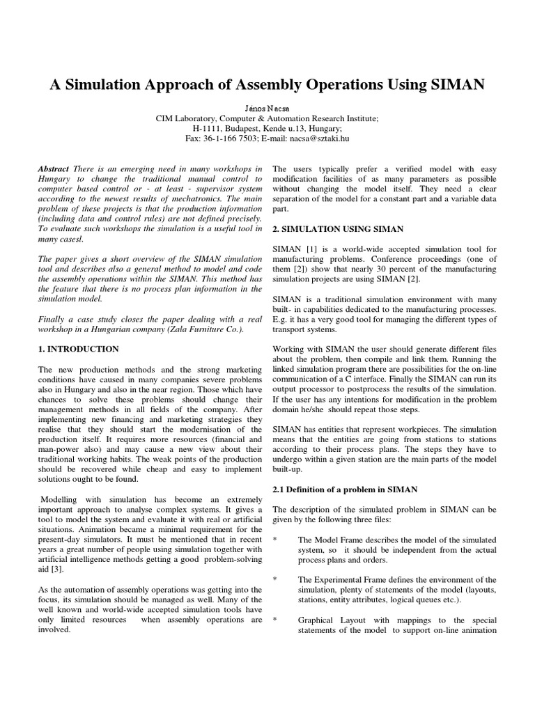 A Simulation Approach of Assembly Operations Using SIMAN | PDF | Simulation | System
