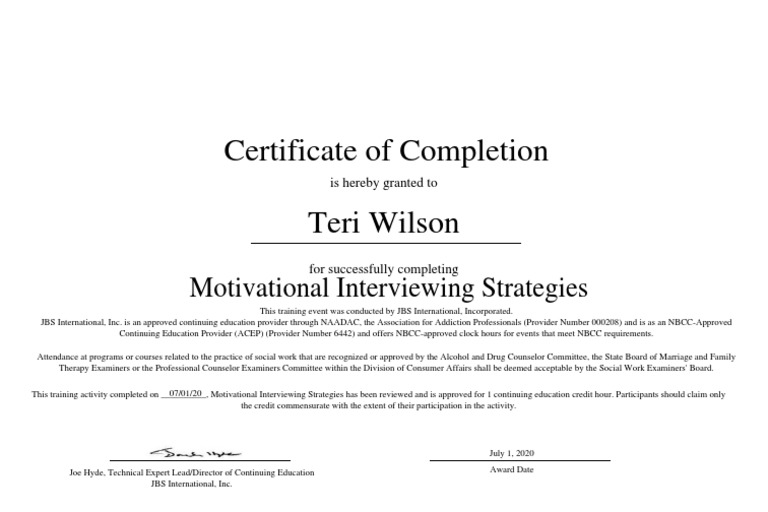 Motivational Interviewing Strategies Certificate | PDF | Mental Health ...