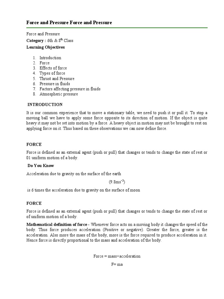 Force And Pressure Pdf Force Atmosphere