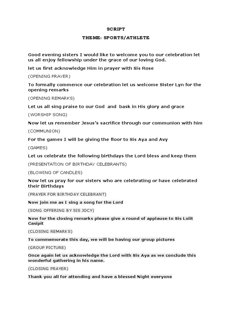Script Theme: Sports/Athlete: (Opening Prayer) | PDF