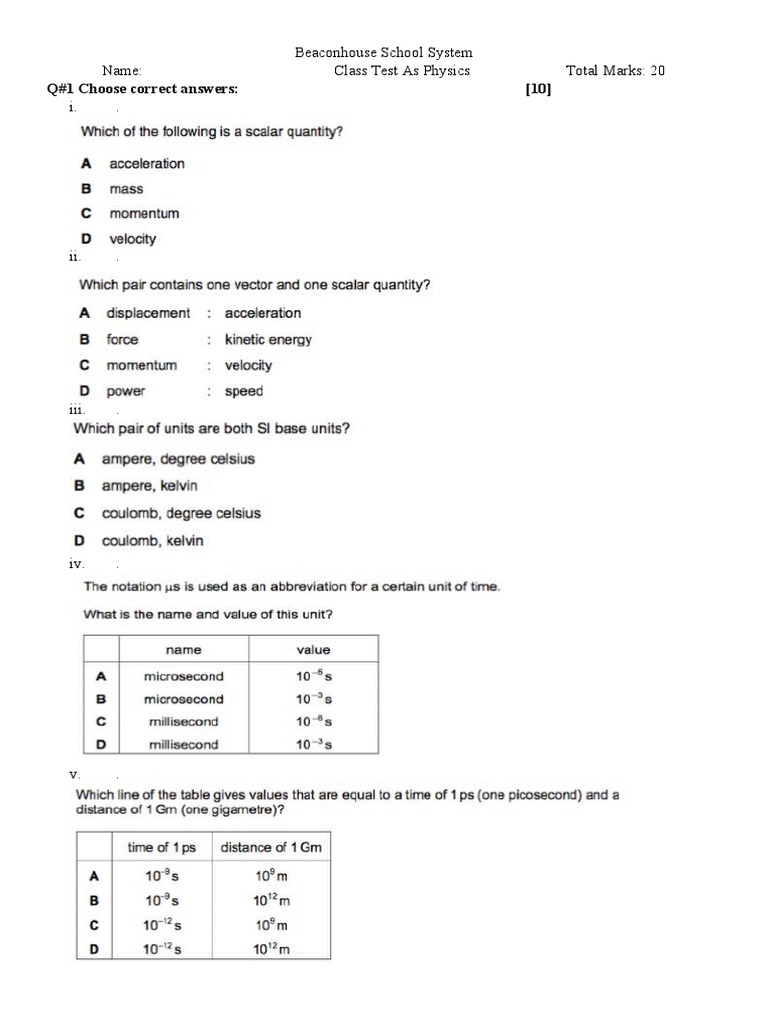 Class Test in Physics: Multiple Choice Questions on Fundamental ...